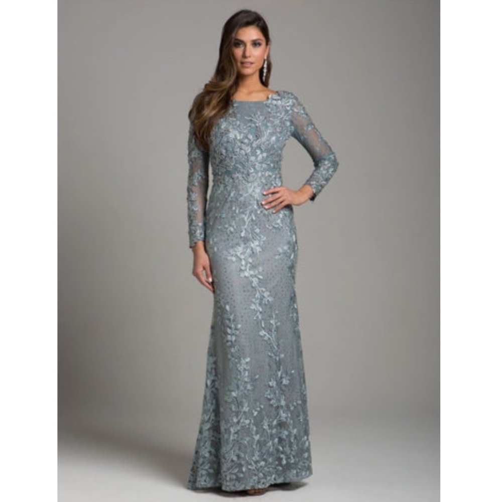Lara Couture Beaded Long Sleeve Lace Gown - Gem